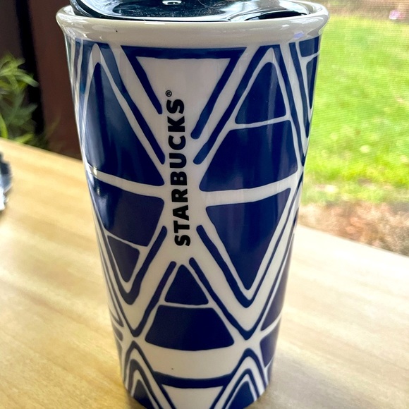 Starbucks | Dining | Starbucks Blue White Geometric Ceramic Travel Mug ...